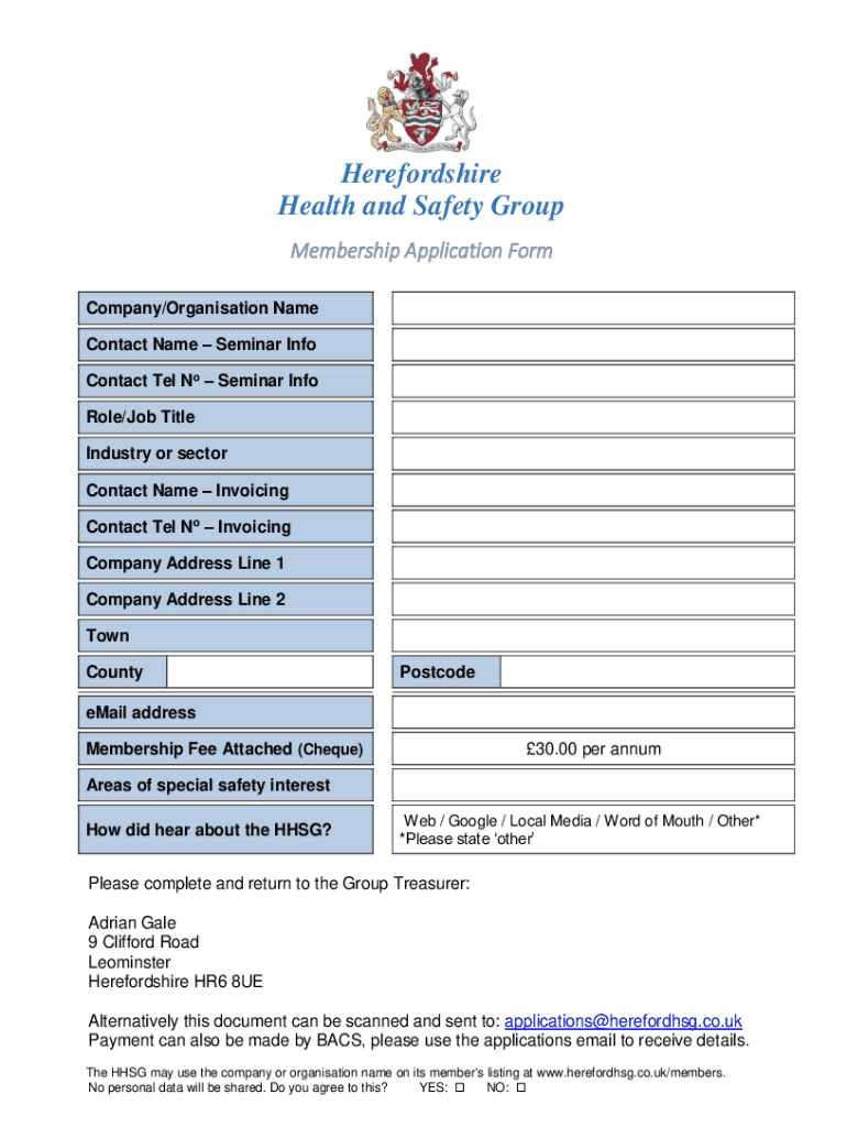 Fillable Online Herefordshire Health and Safety Group Application Form ...
