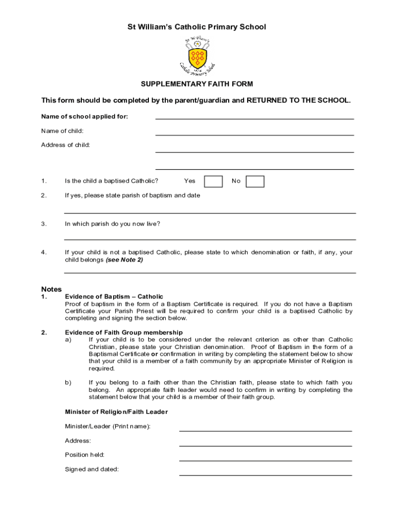 Fillable Online 3394 St William's Catholic Primary - Supplementary ...