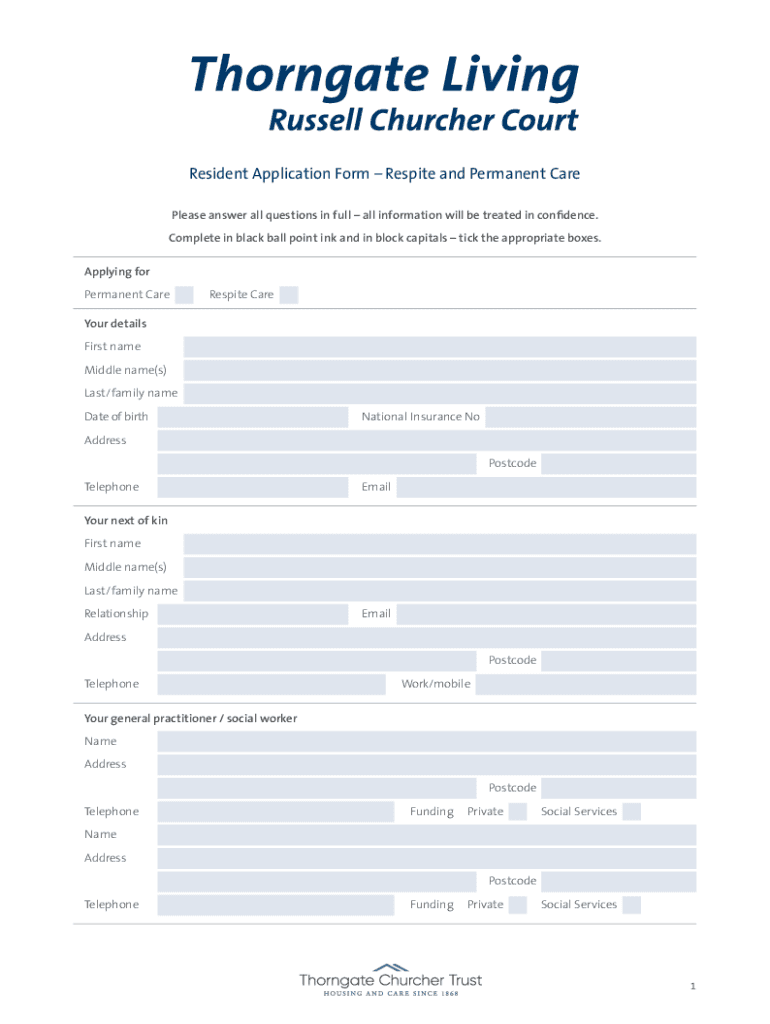 Fillable Online thorngate org MEDICAL RESPITE CARE PROGRAM Respite ...