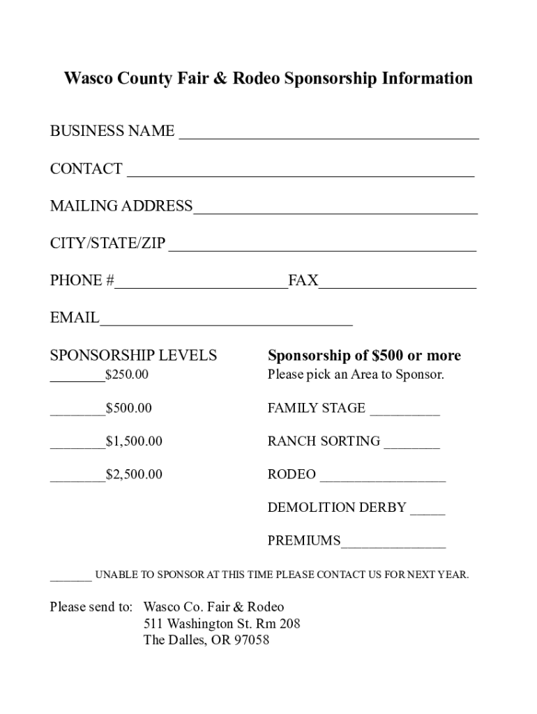 Fillable Online Wasco County Fair & Rodeo Sponsorship Information Fax ...