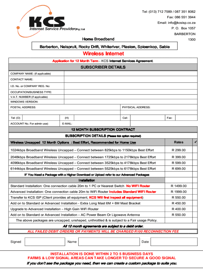 Fillable Online kcs-group co KCS Internet Application form Wireless New ...