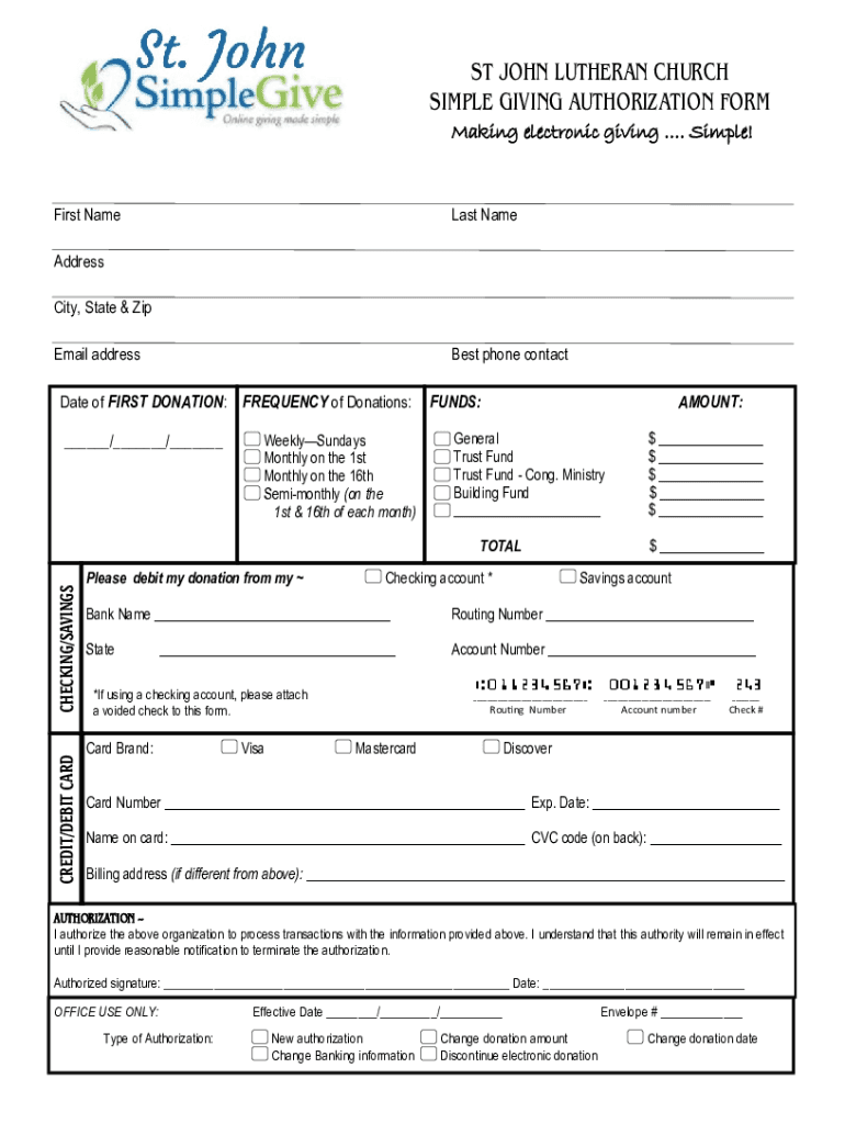 Fillable Online ST JOHN LUTHERAN CHURCH SIMPLE GIVING AUTHORIZATION ...
