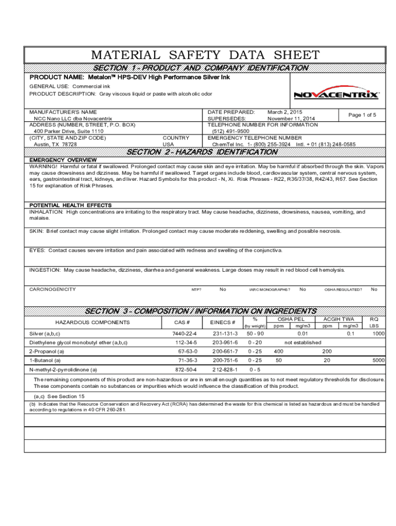 Fillable Online Safety Data Sheet (SDS) Section 1 - Chemical Product ...