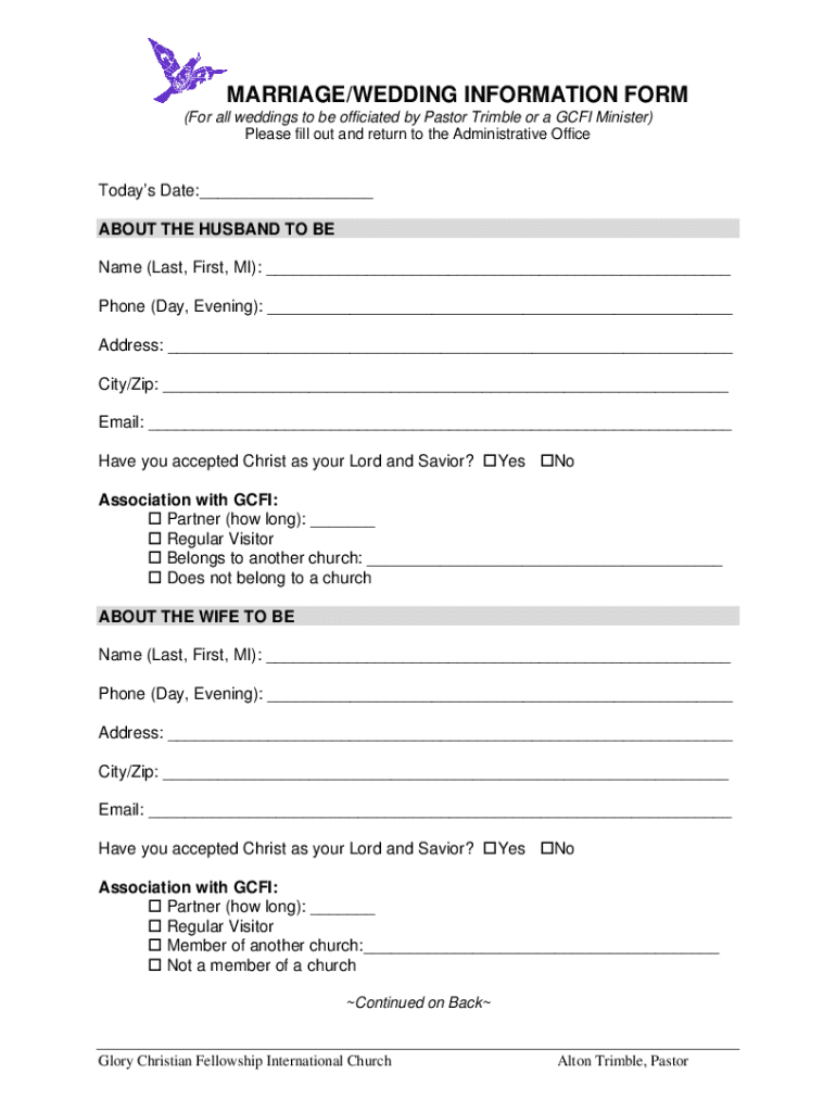 Fillable Online MARRIAGE/WEDDING INFORMATION FORM Fax Email Print ...