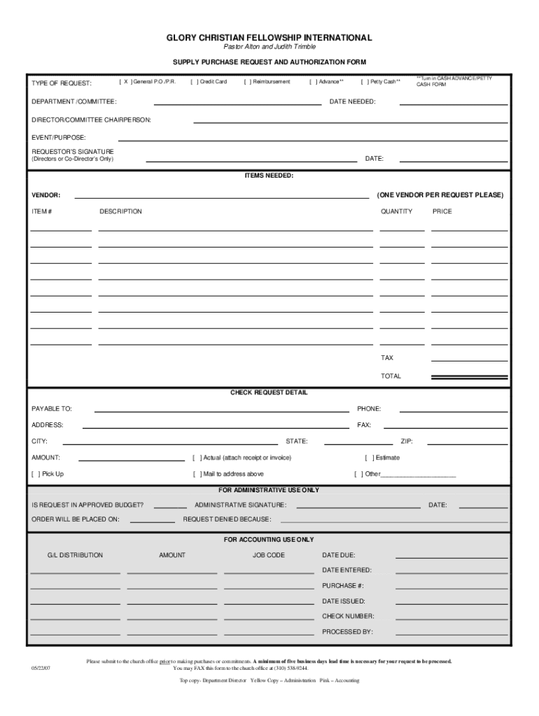 Fillable Online Glory Christian Fellowship International Pastor Alton ...