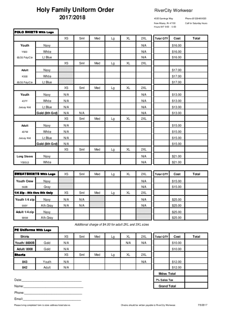 Fillable Online Holy Family Uniform Order Fax Email Print - pdfFiller