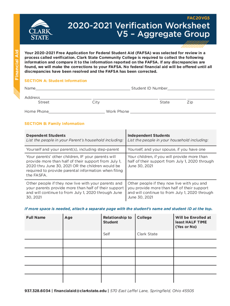Fillable Online 2020-2021 Verification Worksheet V5 Aggregate Group Fax ...