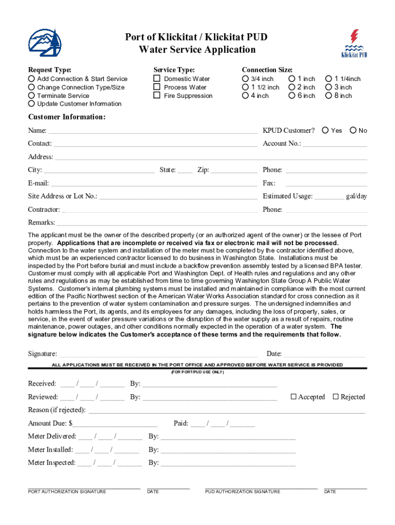 Fillable Online Water Service Application. Application for water service from the Port of ...