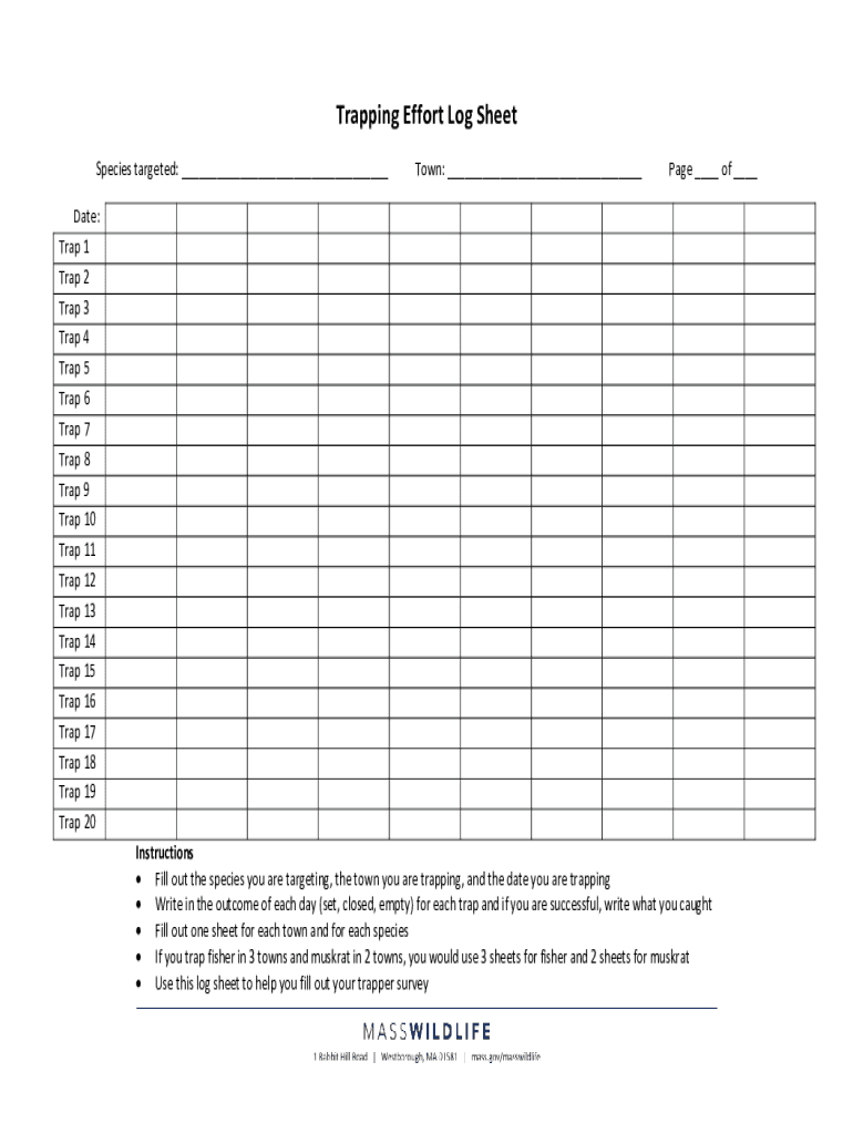 Fillable Online Trapping Effort Log Sheet Sample - Mass.gov Fax Email ...