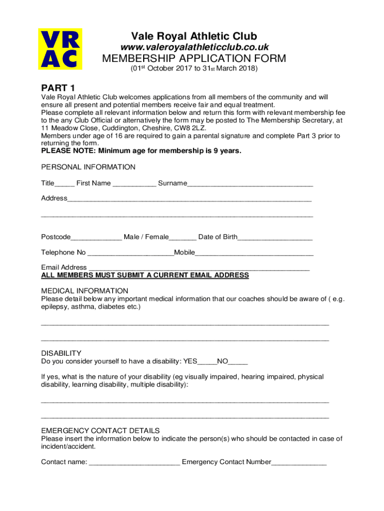 Fillable Online Vale Royal Athletic Club welcomes applications from all ...
