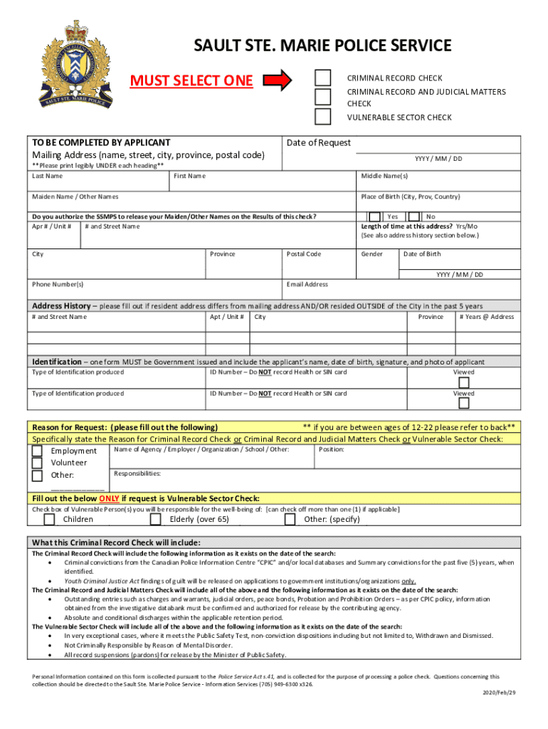 Vulnerable Sector Check Sault Ste Marie - Fill Online, Printable ...