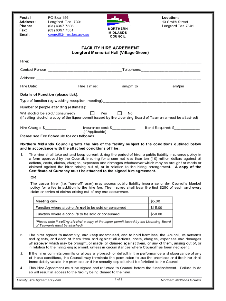 Fillable Online Facility Hire Agreement -Longford Memorial Hall ...