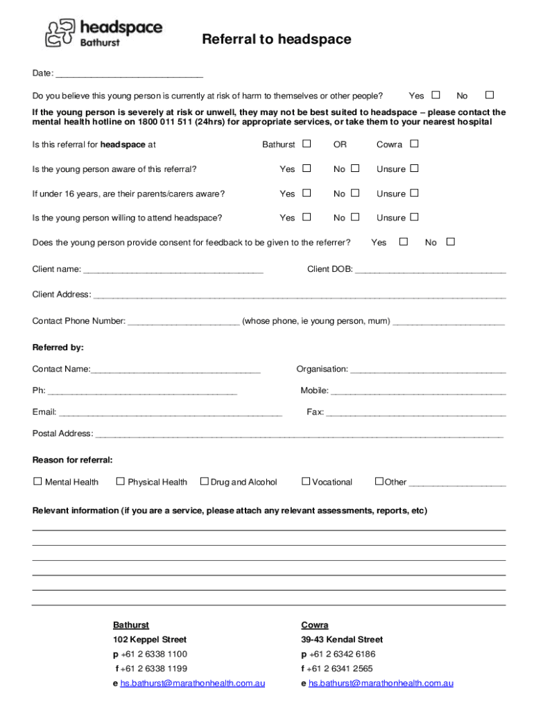 Fillable Online headspace National Youth Mental Health Foundation Fax ...