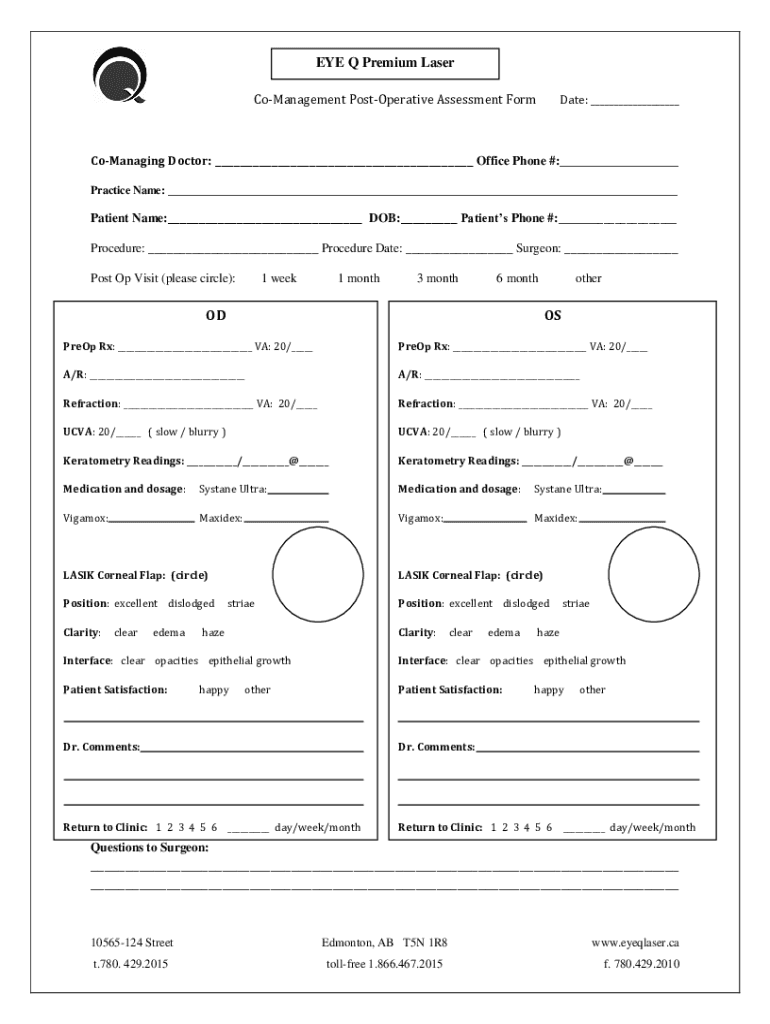 Fillable Online Date: Co-Management Post-Operative Assessment Form Fax ...