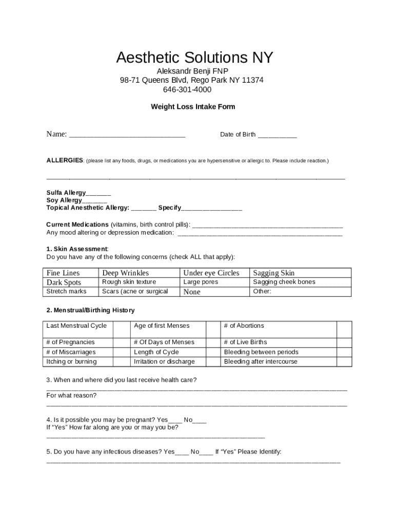 Weight Loss Intake - Aesthetic Solutions NY Doc Template | pdfFiller