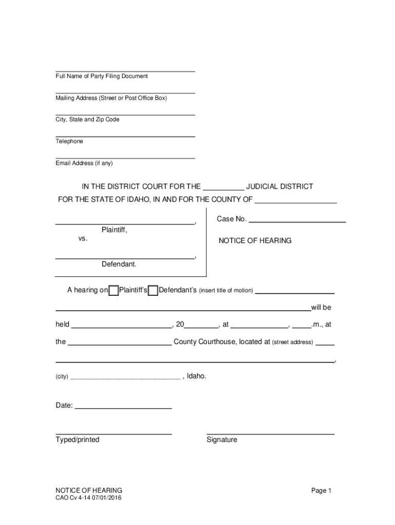 Fillable Online courtselfhelp idaho Full Name of Party Filing Document Mailing Address (Street ...
