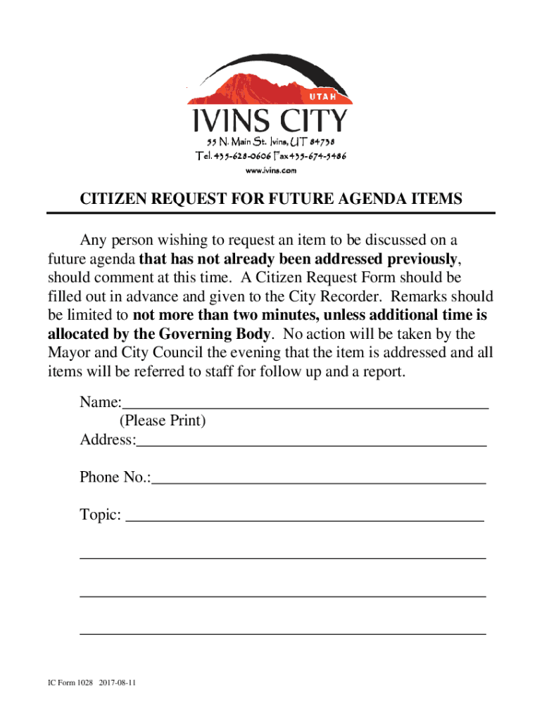 Fillable Online IC Form 1028 Citizen Request For Future Agenda Items ...