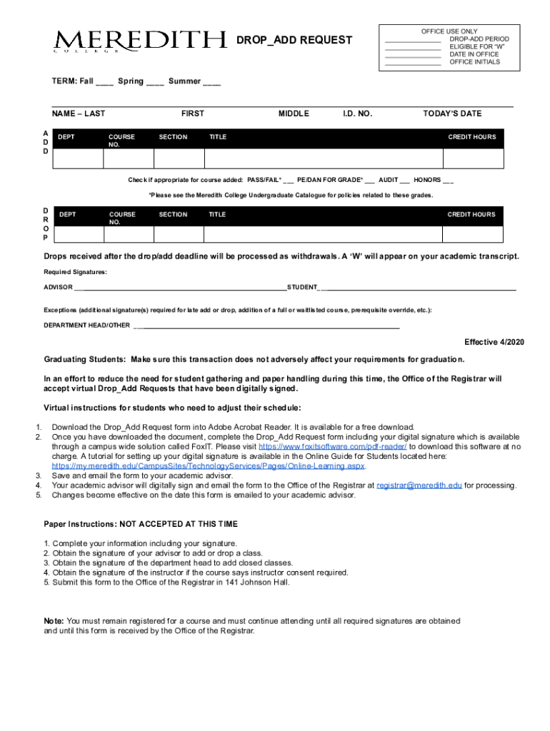 Fillable Online Drop Add Request Form. Drop Add Request Form Fax Email ...