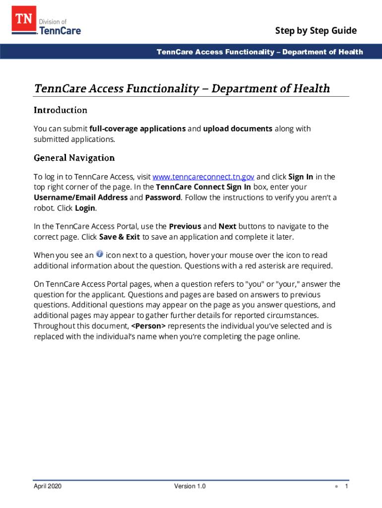 Fillable Online Department of Health TennCare Access FunctionalityStep ...