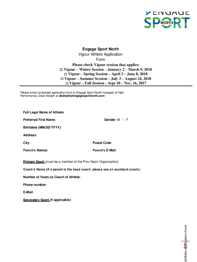 Fillable Online Engage Sport North Vigour Athlete Registration Form ...