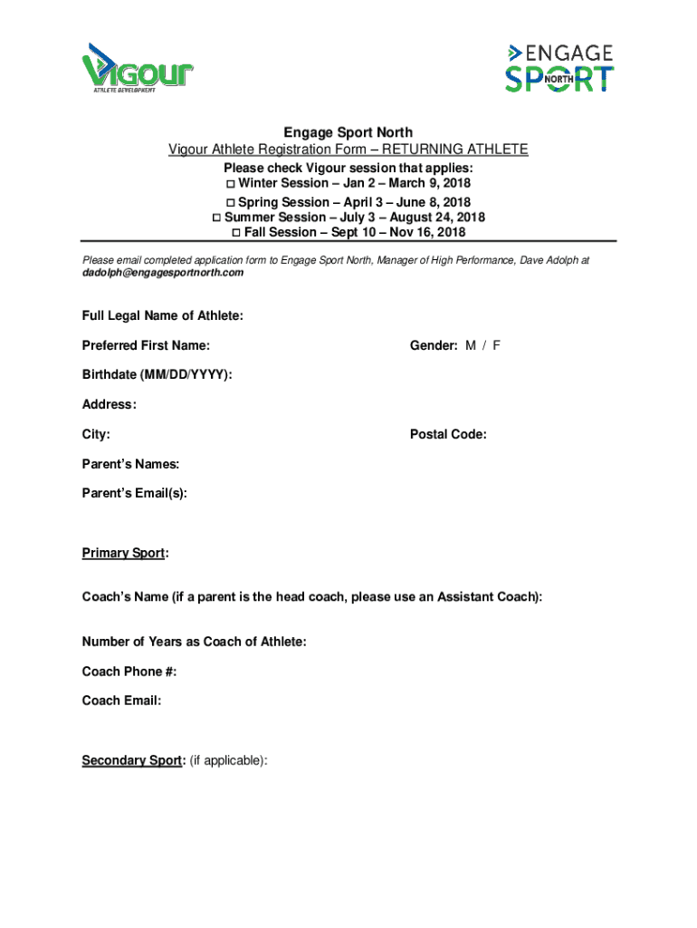 Fillable Online Engage Sport North Vigour Athlete Registration Form ...