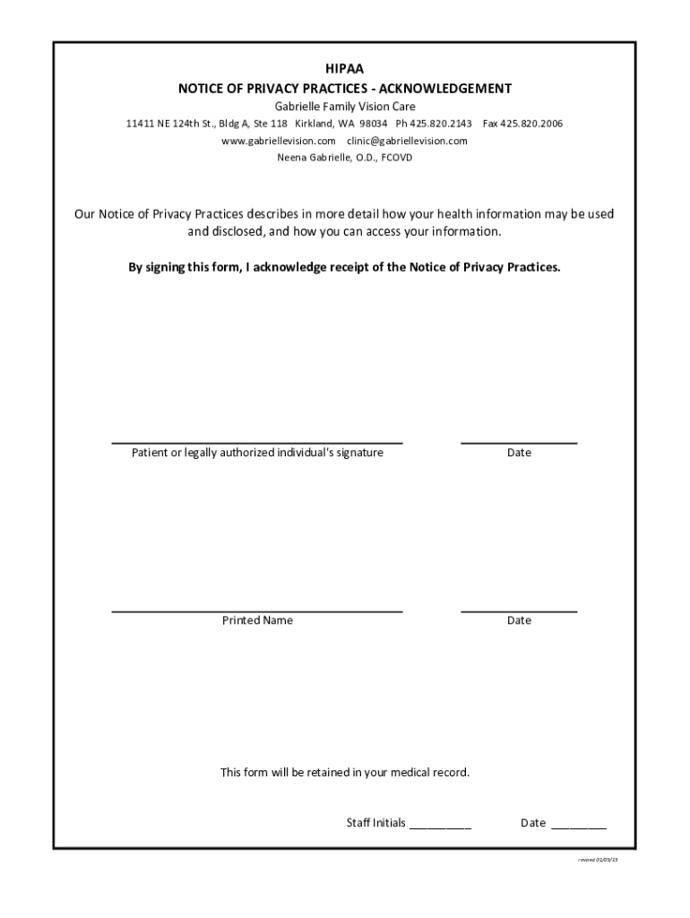 Fillable Online NOTICE OF PRIVACY PRACTICES - ACKNOWLEDGEMENT Fax Email ...