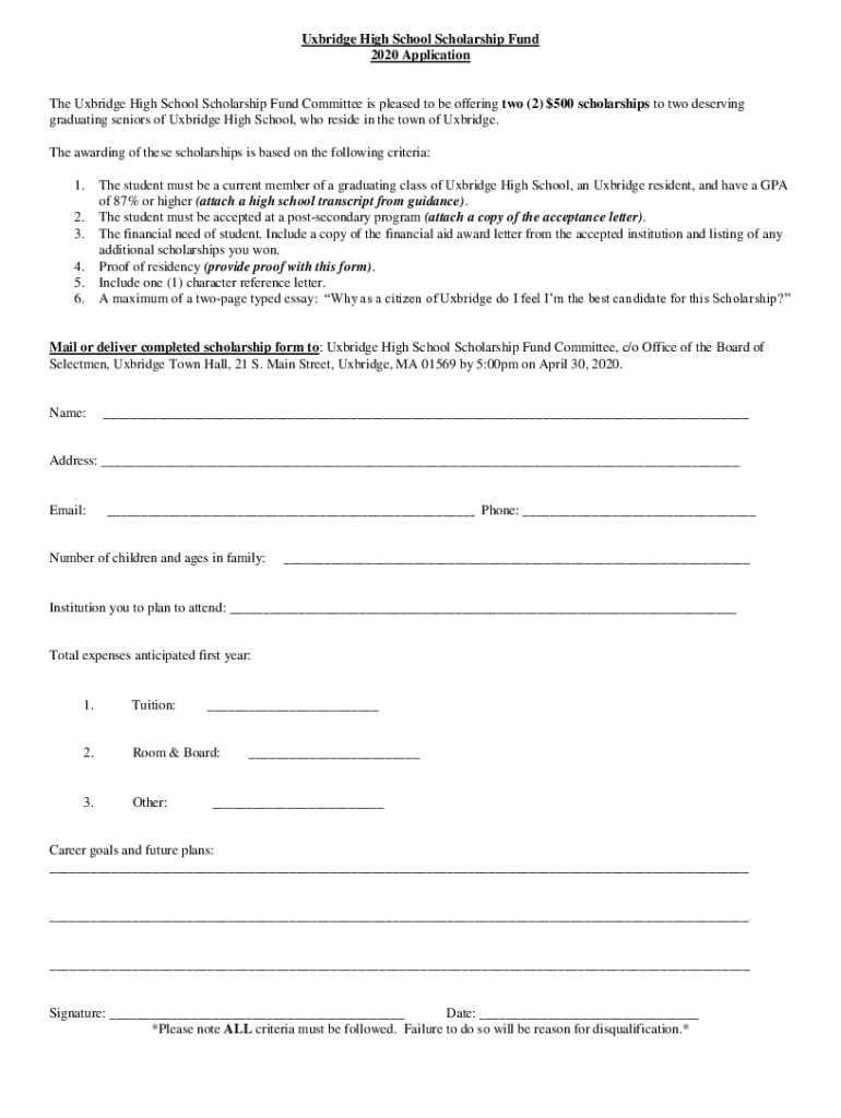 Fillable Online Uxbridge High School Scholarship Fund 2020 Application ...