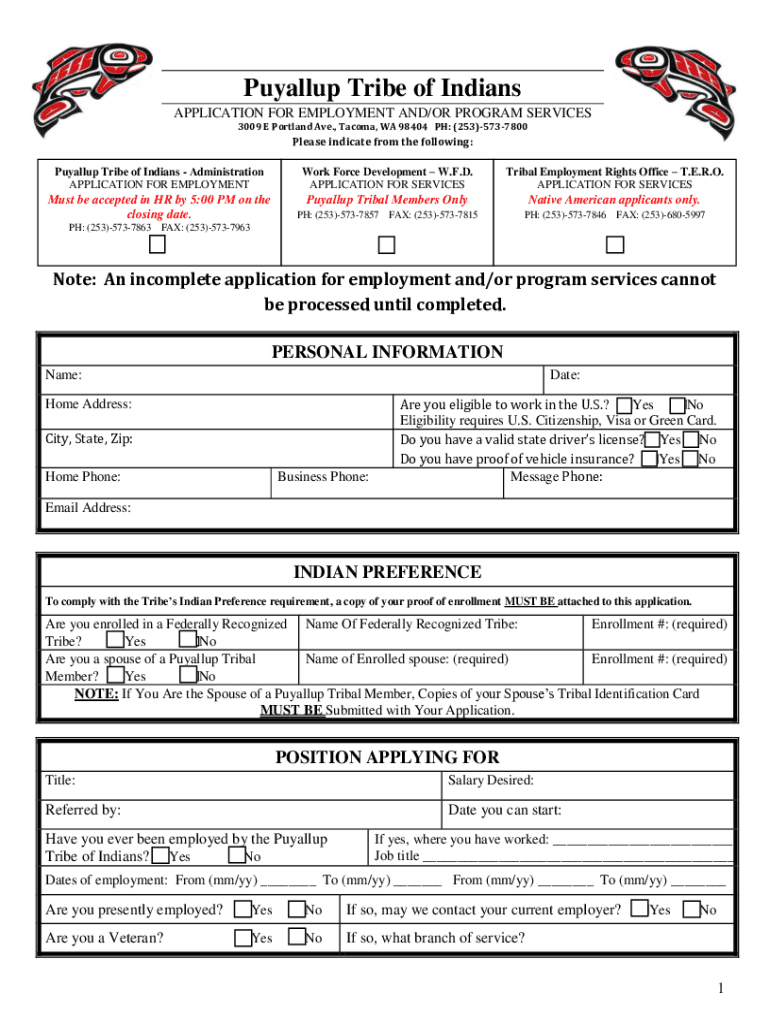 Fillable Online Job opportunity at Puyallup Tribe of Indians - Payment ...