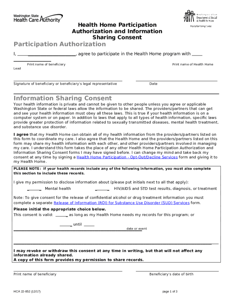 Health Home Participation Authorization and Ination Sharing Consent Doc Template | pdfFiller