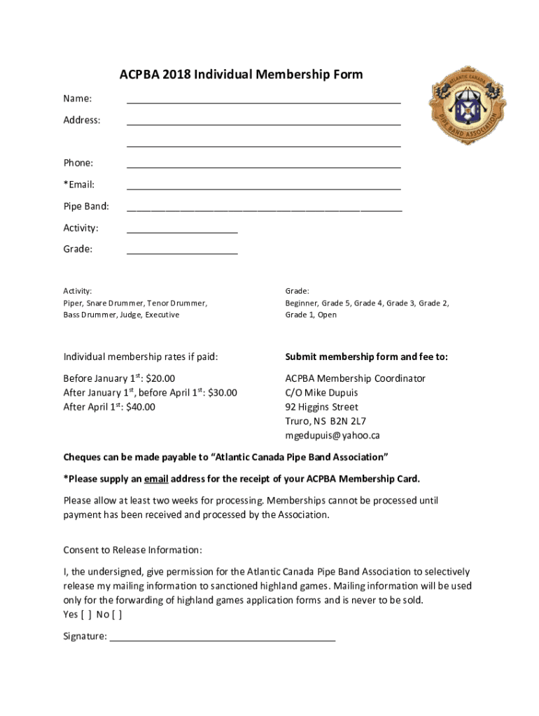 Fillable Online ACPBA 2018 Individual Membership Form Fax Email Print ...