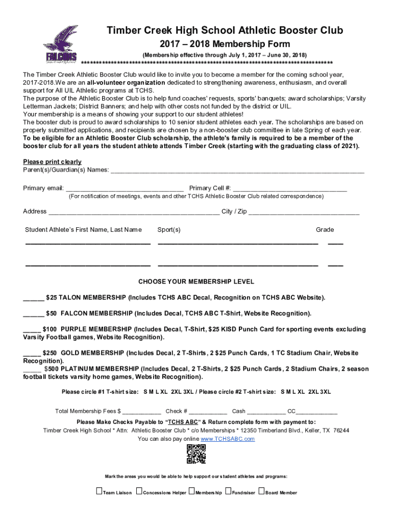 Fillable Online Timber Creek High School Athletic Booster Club Fax ...