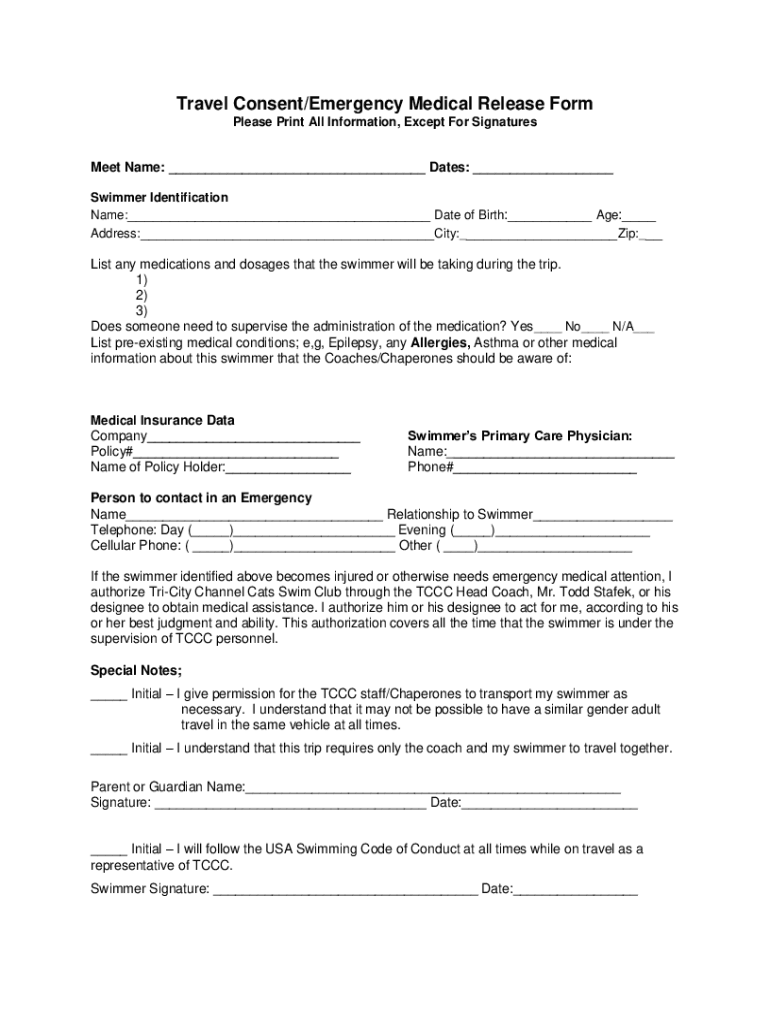 Fillable Online Travel Consent/Emergency Medical Release Form Fax Email ...