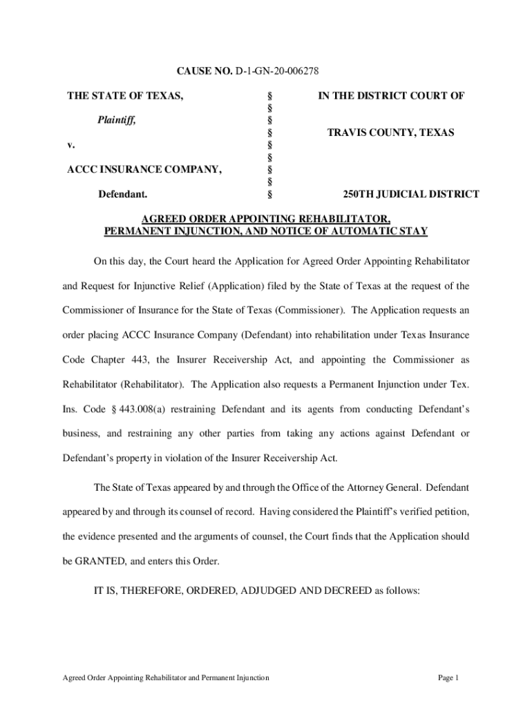 Fillable Online Agreed Order Appointing Rehabilitator, Permanent ...