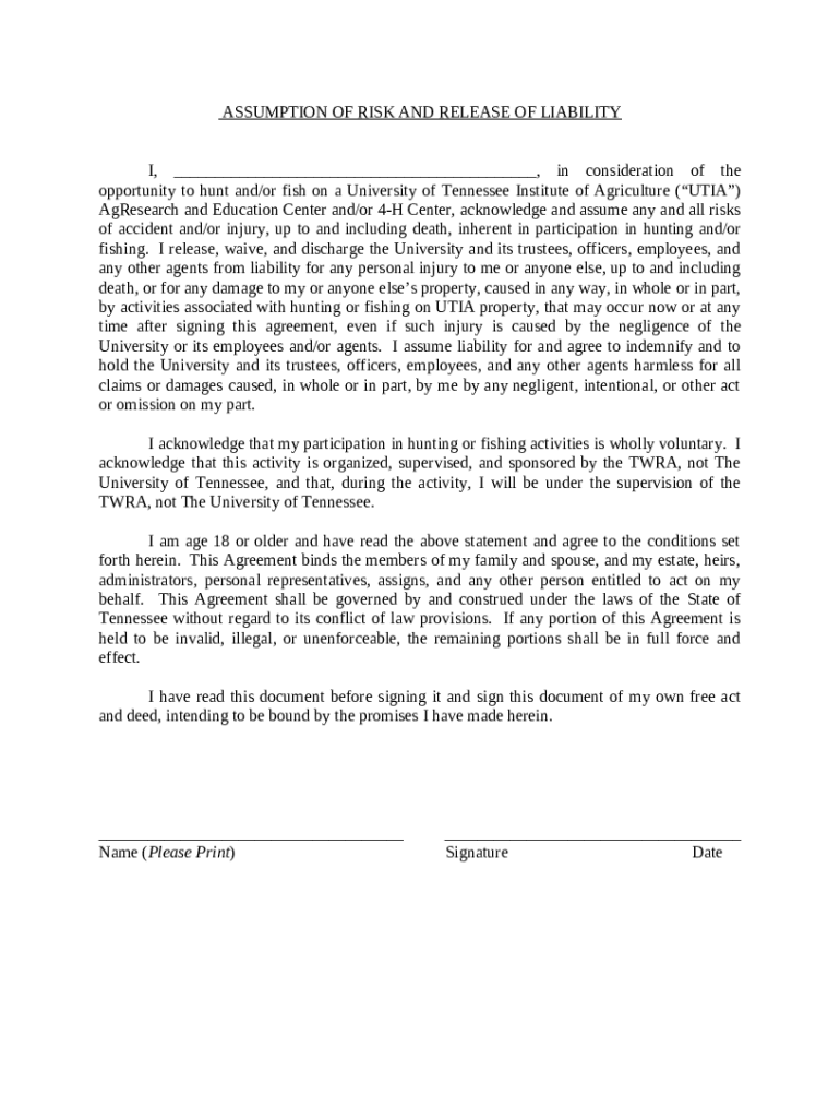Liability Waiver UTIA Hunting Adults TWRA Doc Template | pdfFiller