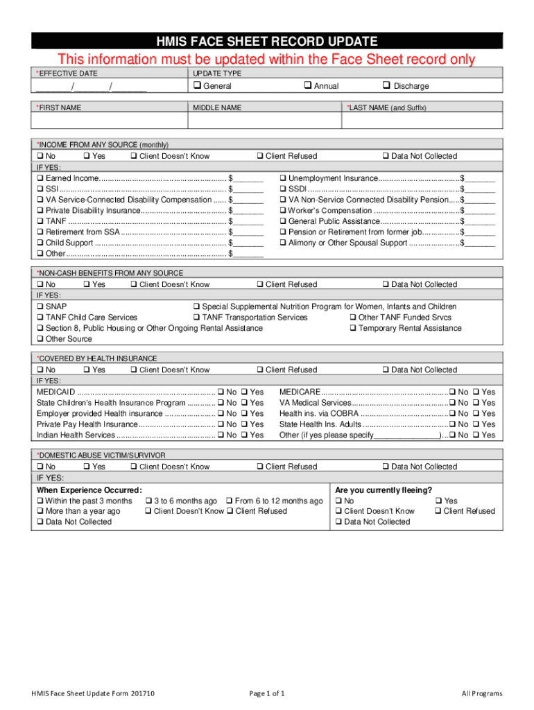 Fillable Online Fillable Online HMIS PATH FACE SHEET RECORD UPDATE Fax ... Fax Email Print ...