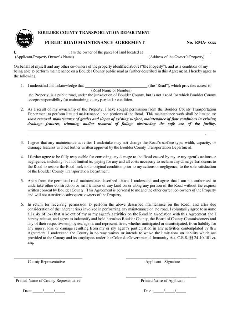 Fillable Online Public Road Maintenance Agreement Sample - Boulder ...
