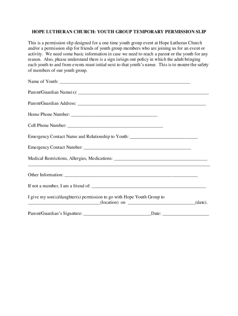 Fillable Online Permission Slip Forms - Free Church Forms Fax Email ...