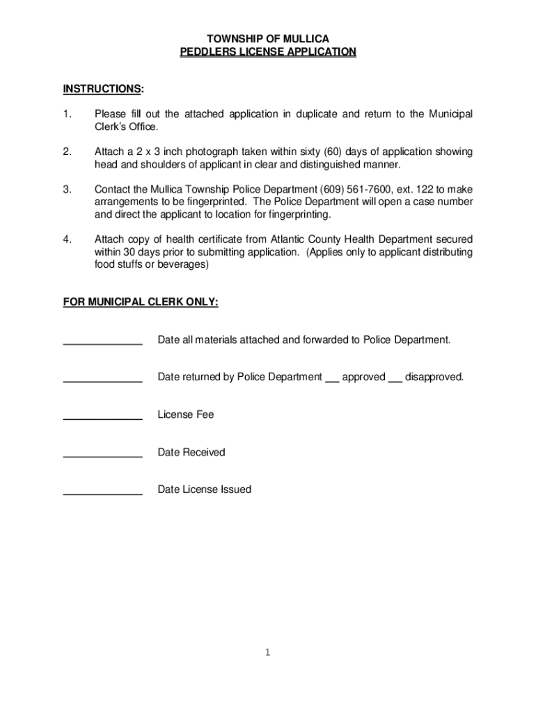 Fillable Online TOWNSHIP OF MULLICA PEDDLERS LICENSE APPLICATION ...