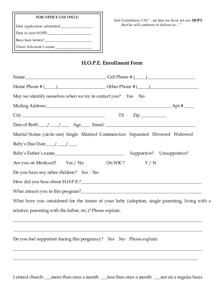 Fillable Online HOPE enrollment form - The Pregnancy Help Center Fax ...