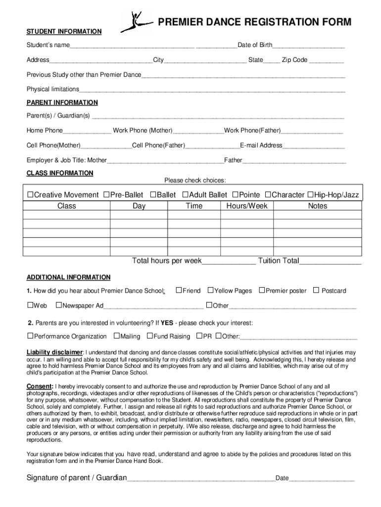 Fillable Online Premier Dance school registration form Fax Email Print ...