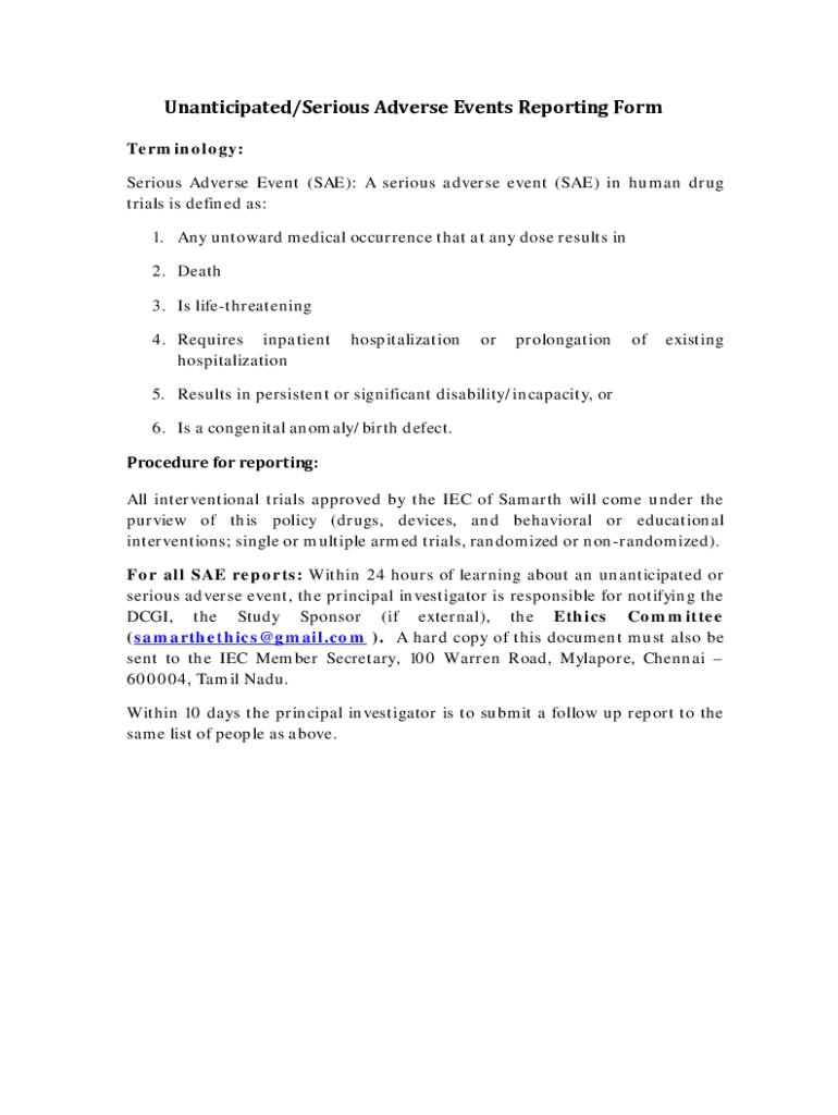 Fillable Online Unanticipated Problem/Serious Adverse Event Reporting ...