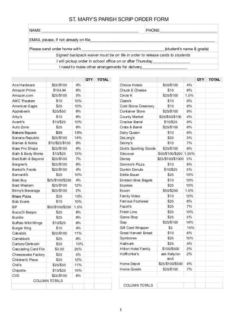 Fillable Online ST. MARYS PARISH SCRIP ORDER FORM Fax Email Print - pdfFiller