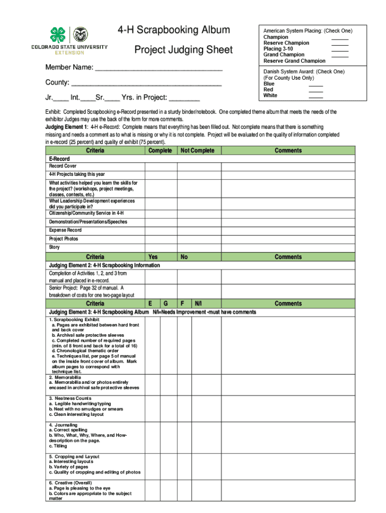 Fillable Online 4-H Scrapbooking One-Page Layout Project Judging Sheet ...