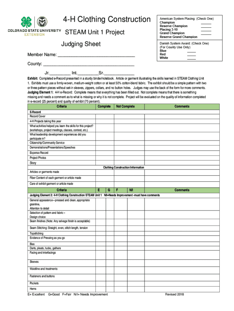 Fillable Online 4-H Clothing Construction STEAM Unit 2 Project Judging Sheet Fax Email Print ...