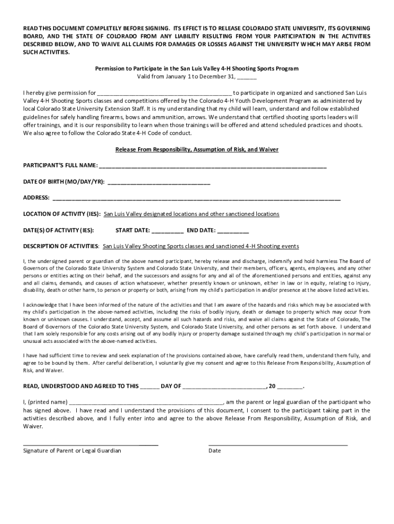 Fillable Online SLV 4-H Shooting Sports Release Form Fax Email Print ...