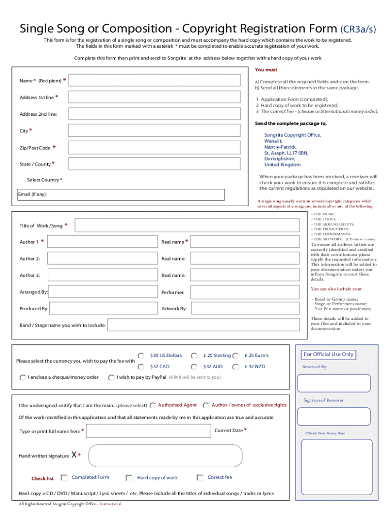Fillable Online Single Song or Composition - Copyright Registration Form ... Fax Email Print ...
