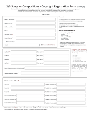 Fillable Online 2/3 Songs or Compositions - Copyright Registration Form ...
