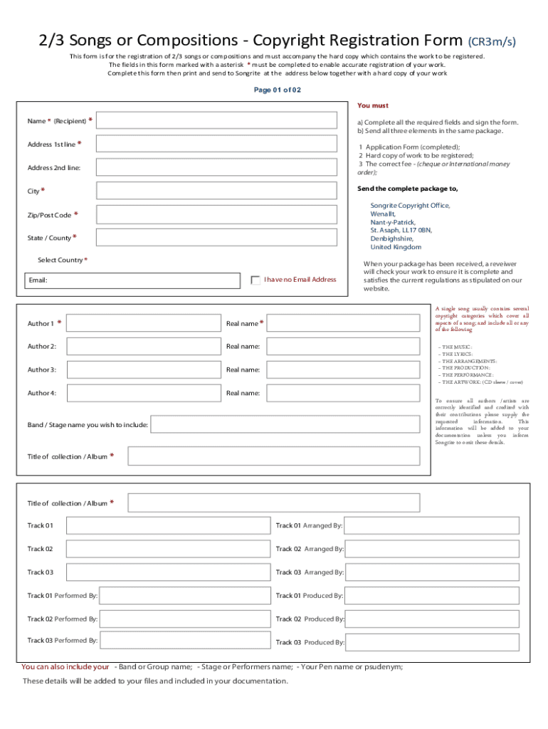 Fillable Online 2/3 Songs or Compositions - Copyright Registration Form ...