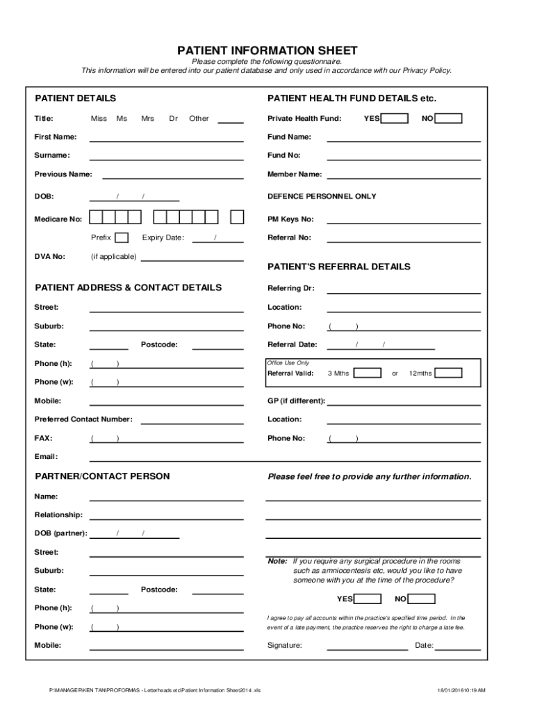 Fillable Online PATIENT INFORMATION SHEET - Ken Tan Obstetric Care Fax ...