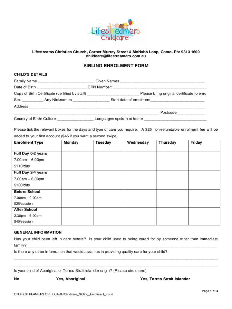 Fillable Online Enrolment Form For Childcare - Fill Online, Printable ...